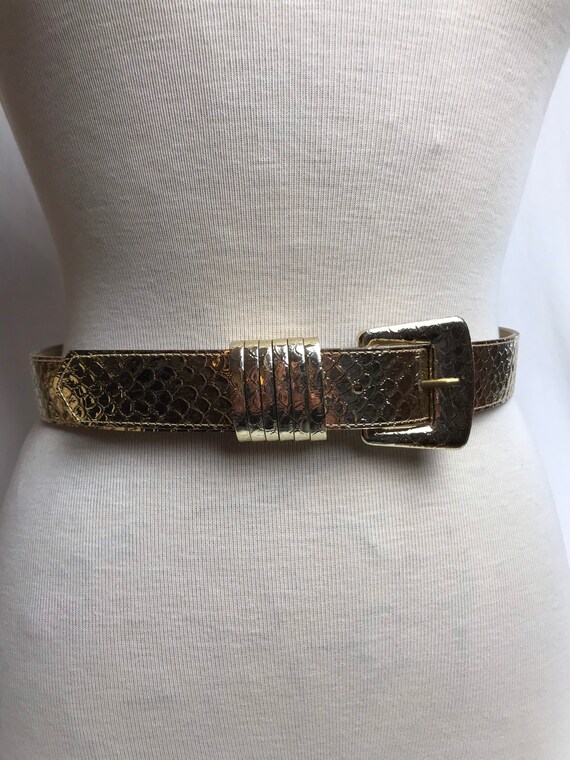 80’s gold metallic belt~ snakeskin skinny dress belt~… - Gem
