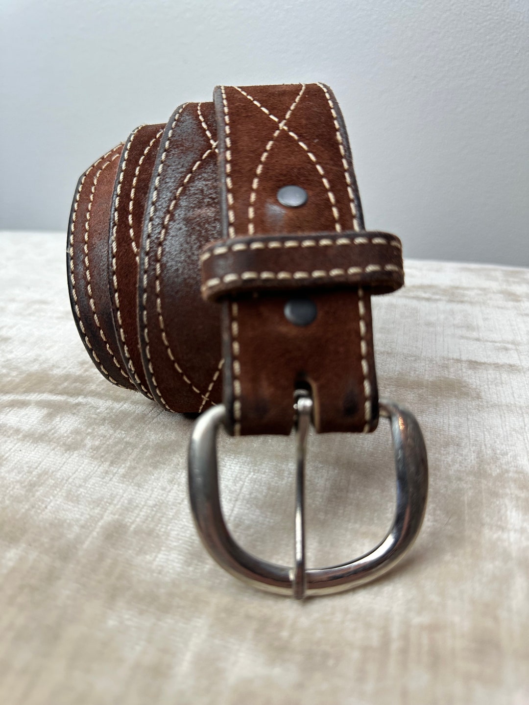 60’s Men’s Western~ Rocker Belt~white Top Stitching Brown Suede Leather ...