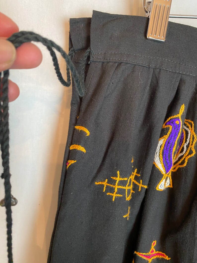 Vintage Peasant Skirt~ Hand Embroidered Birds Design Black 100% Cotton ...