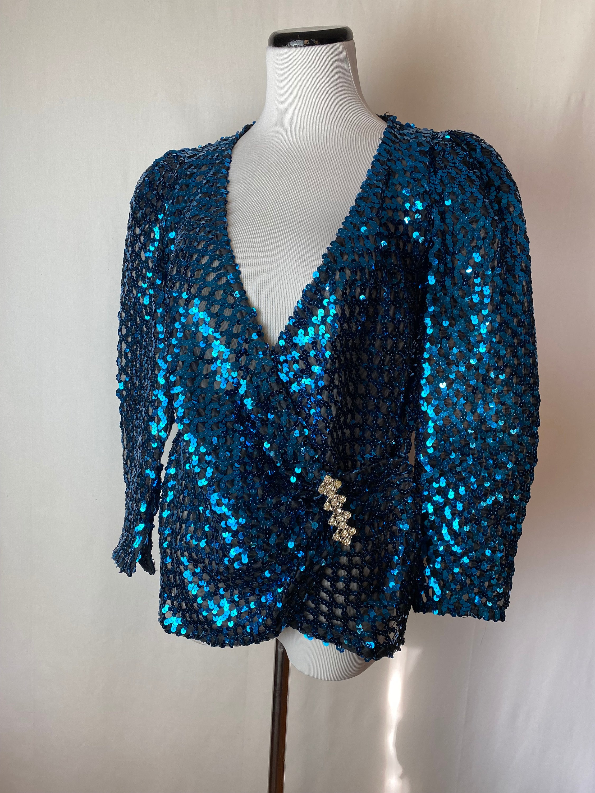 Sparkly Fitted Blazer 1970’s 80’s Style~ Teal Green Black Puff Sleeves ...