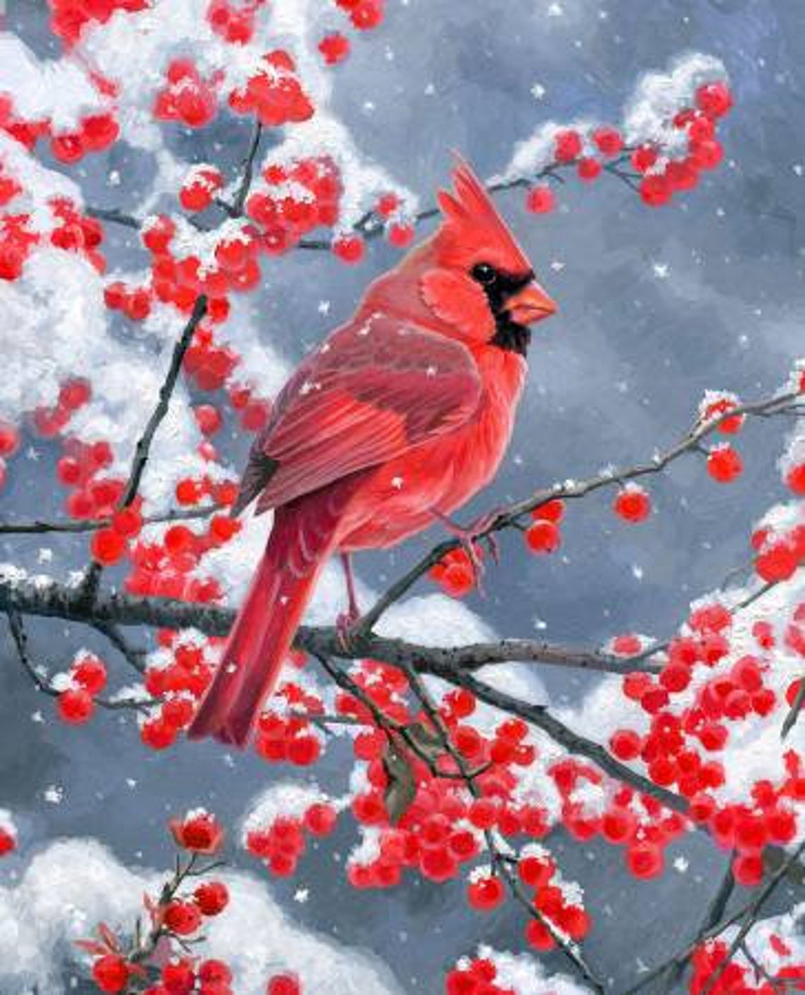 David Textiles Cardinal ML32812 Birds Panel Berries Outdoors Winter ...