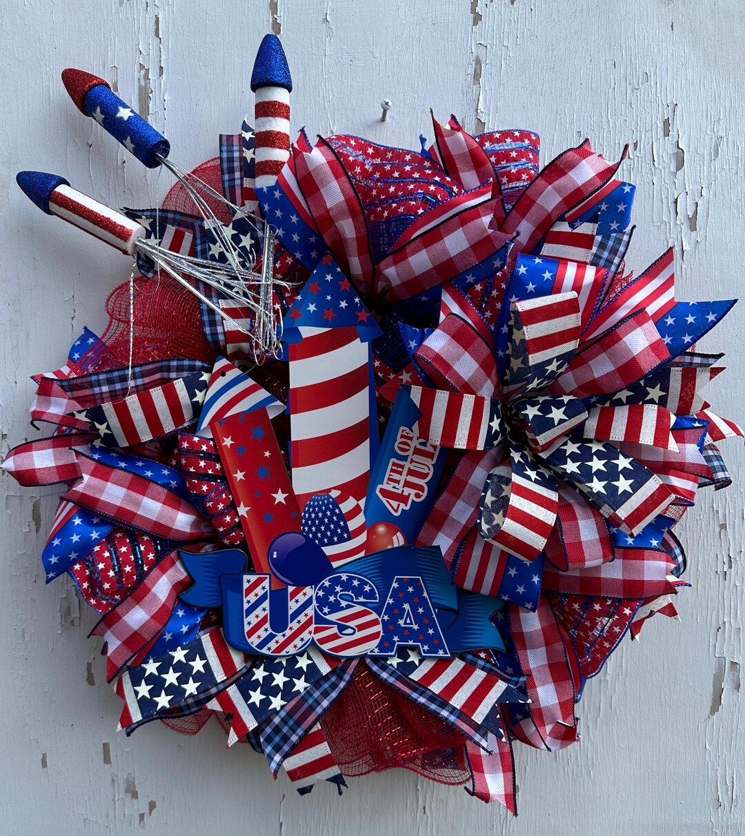 USA Fireworks Wreath With Rockets, Patriotic Deco Mesh Thin Door Wreath ...