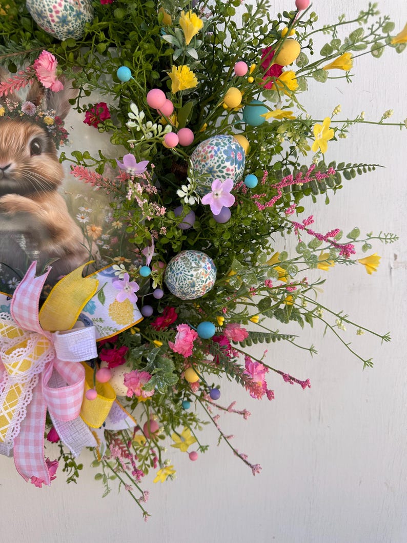 Easter Bunny Wreath, Spring Front Door Decor, Floral Egg Bunny Door ...