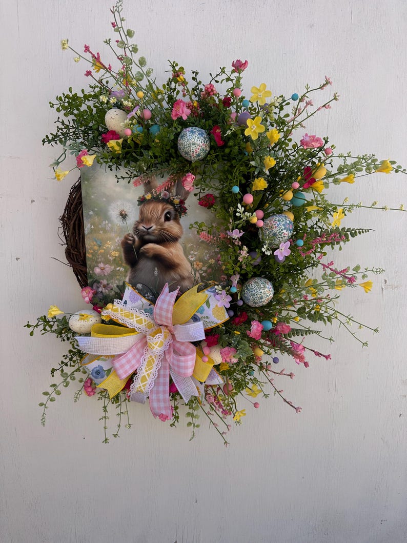 Easter Bunny Wreath, Spring Front Door Decor, Floral Egg Bunny Door ...