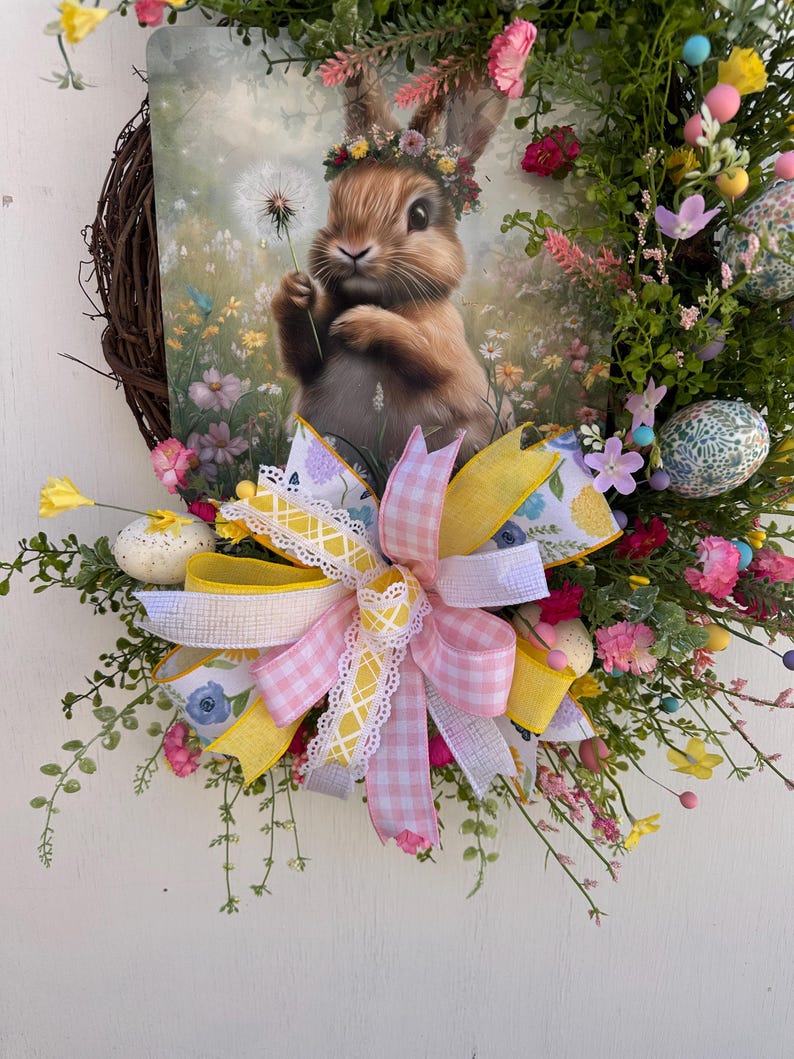 Easter Bunny Wreath, Spring Front Door Decor, Floral Egg Bunny Door ...