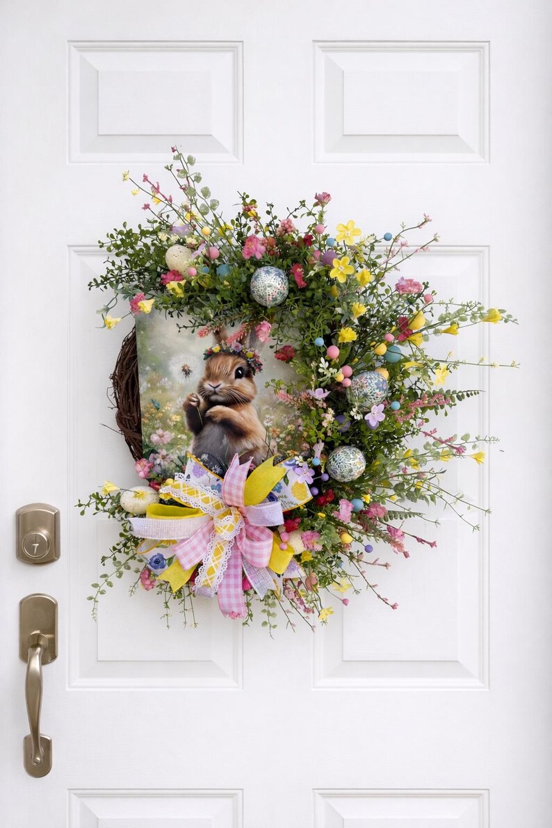 Easter Bunny Wreath, Spring Front Door Decor, Floral Egg Bunny Door ...