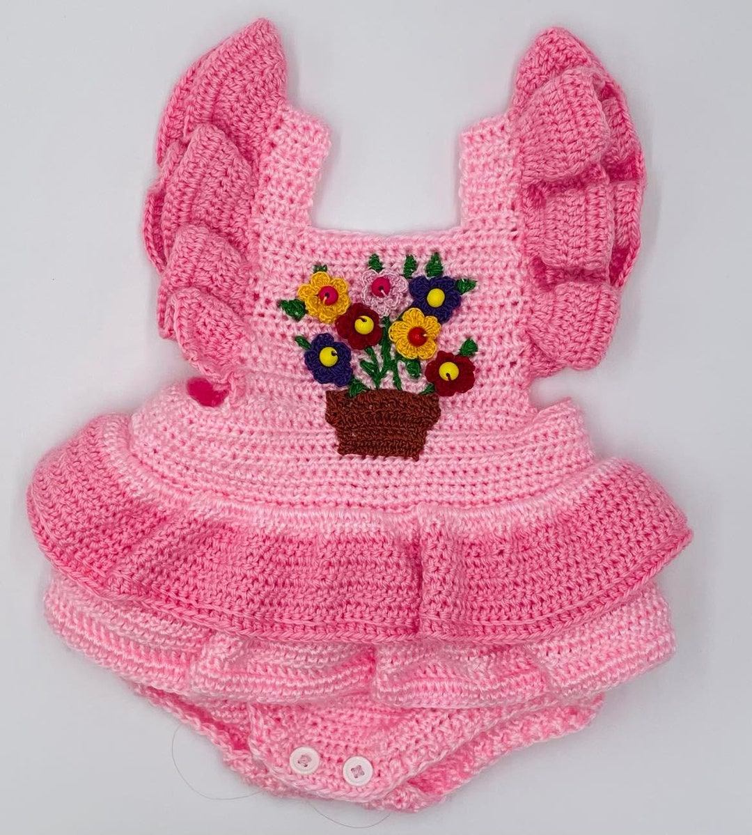 Pink Ruffles Handmade Crocheted Baby Romper W/handstitched Flowerpot - Etsy