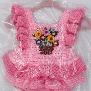 Pink Ruffles Handmade Crocheted Baby Romper W/handstitched Flowerpot - Etsy