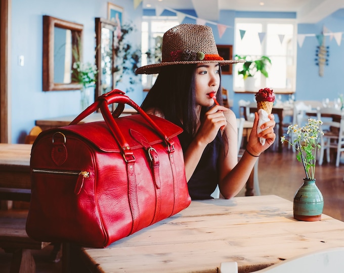 Red Leather Duffle, Leather Weekender Bag, Monogram Duffle, Carry All ...