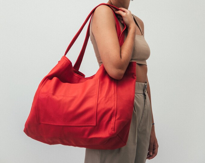 Red Tote Bag, Leather Handbag, Oversize Leather Tote, Book Bag, Library ...