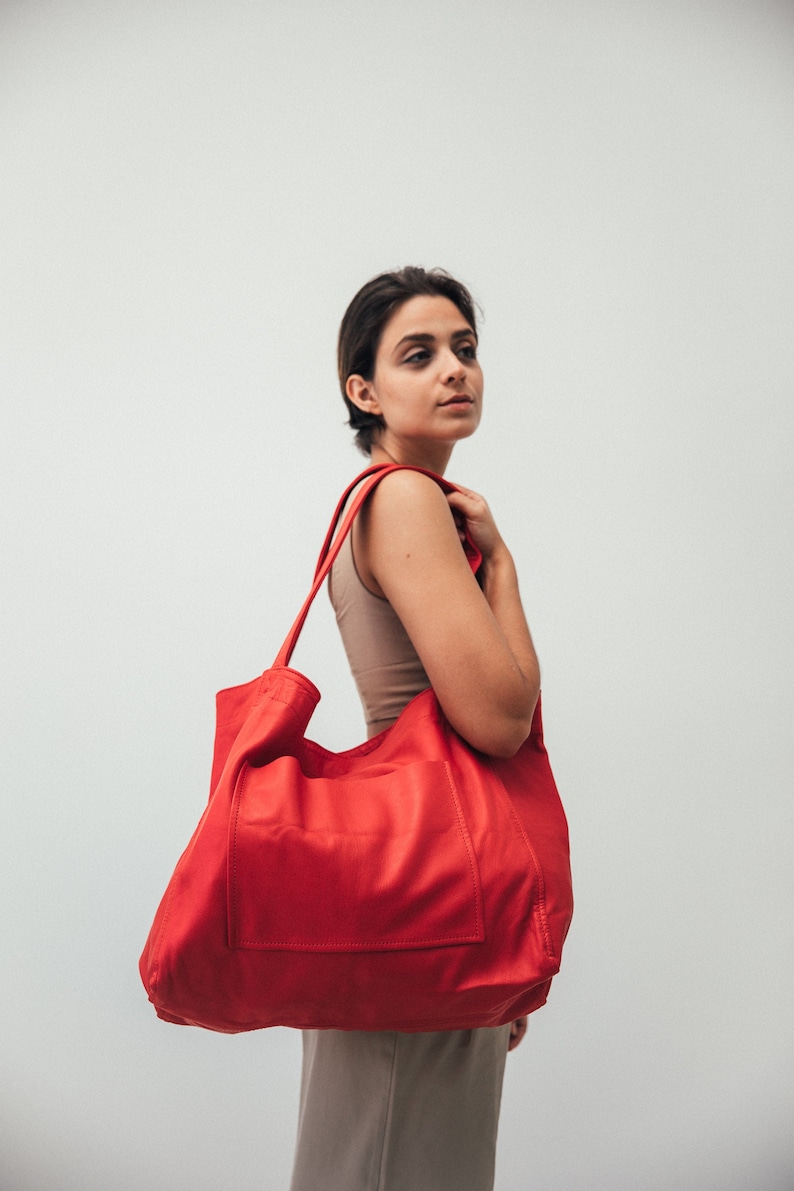 Red Tote Bag Leather Handbag Oversize Leather Tote Book - Etsy UK