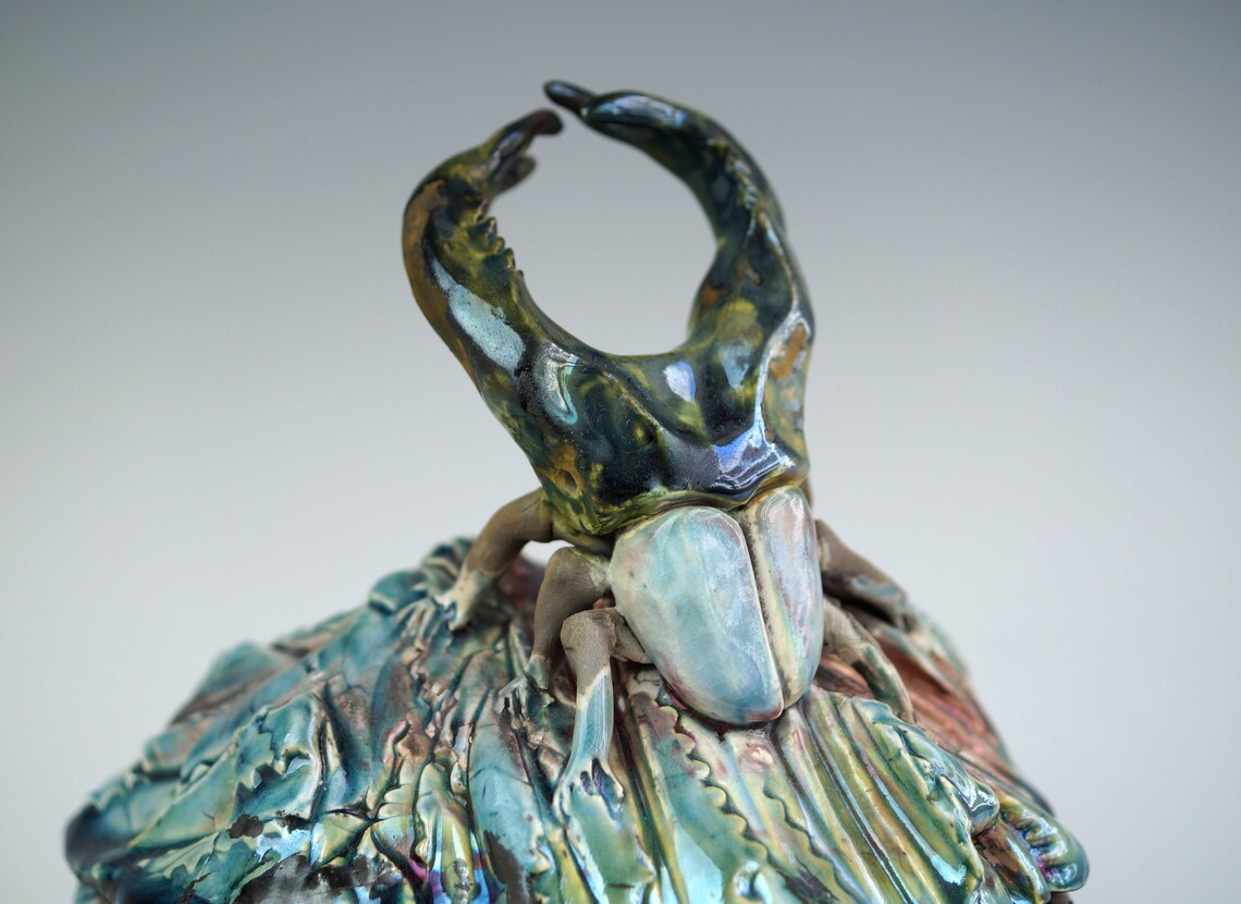 Handmade Raku Jar, Unique Raku Ceramics, Beetle Lid Handle, Art Object ...