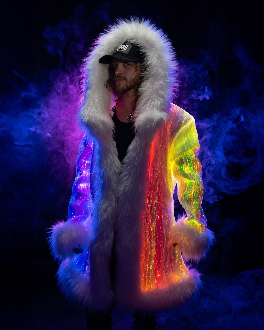 Light up LED Fur Coat Rave Outfit Faux Fur Coat EDC Gear Burning Man ...