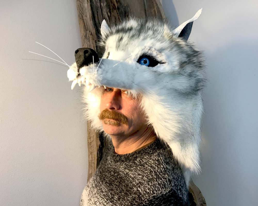 White Wolf Headdress Mask Realistic Costume Hat Adult Faux Fake Fur ...