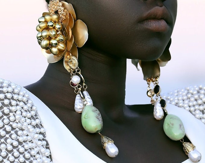 Solidago Gold Earrings - Unique, Statement, Pearl, Iris Apfel, Bridal ...