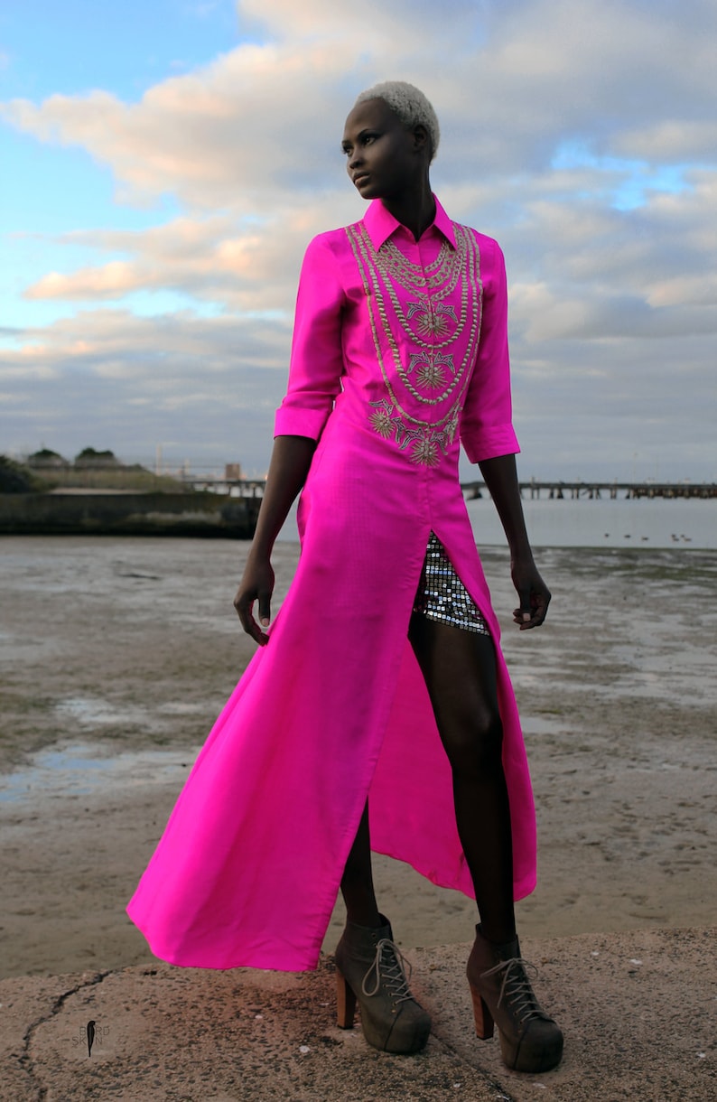 Odisha Silk Shirt Dress: Maxi, Pink, Fuschia, Button-down, Gold, Gilver ...