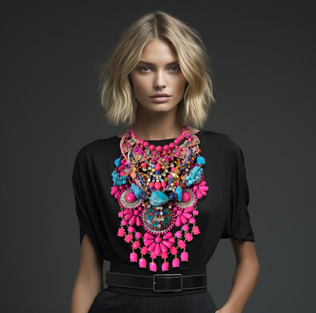 Fuchsia Fantasy Chunky Statement Necklace - Turquoise Stones, Antique ...