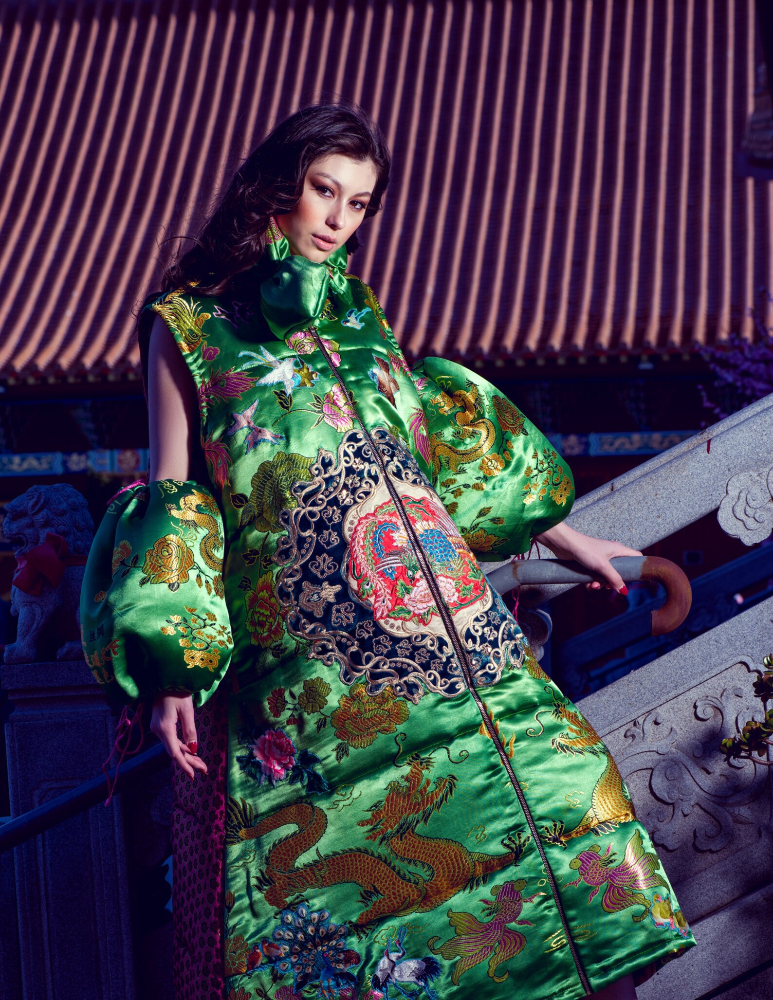 Tongli Puffer Jacket - Green, Silk, Satin, Applique, Dragon, Oriental ...