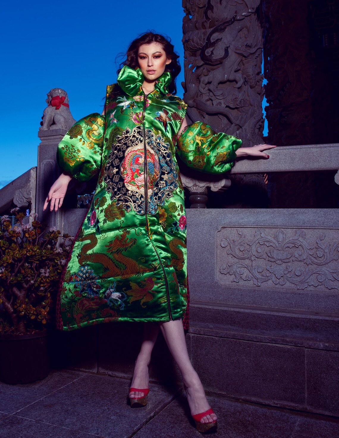 Tongli Puffer Jacket - Green, Silk, Satin, Applique, Dragon, Oriental ...