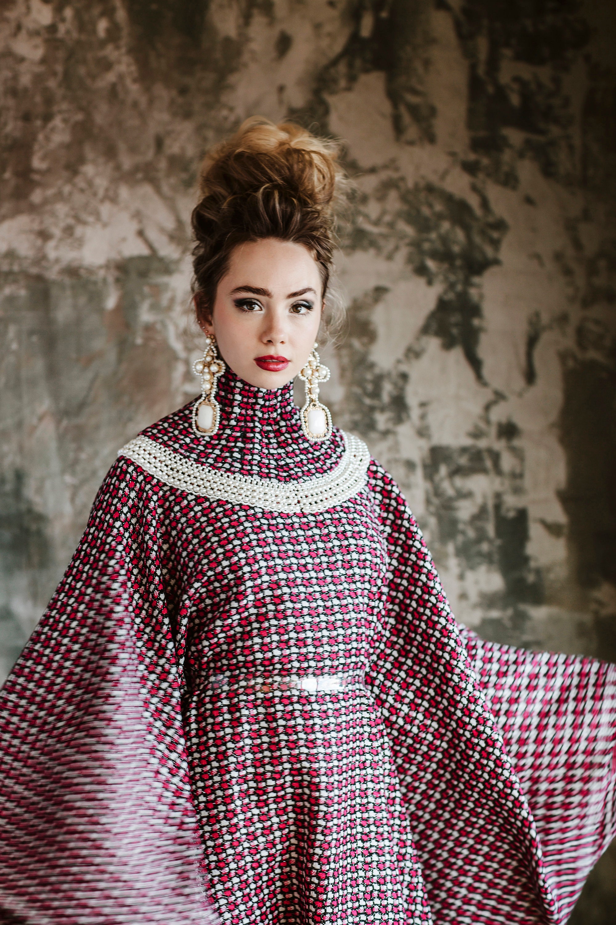 Cessart Tweed Poncho One-off, Designer, Wool, Winter, Pink, Black ...