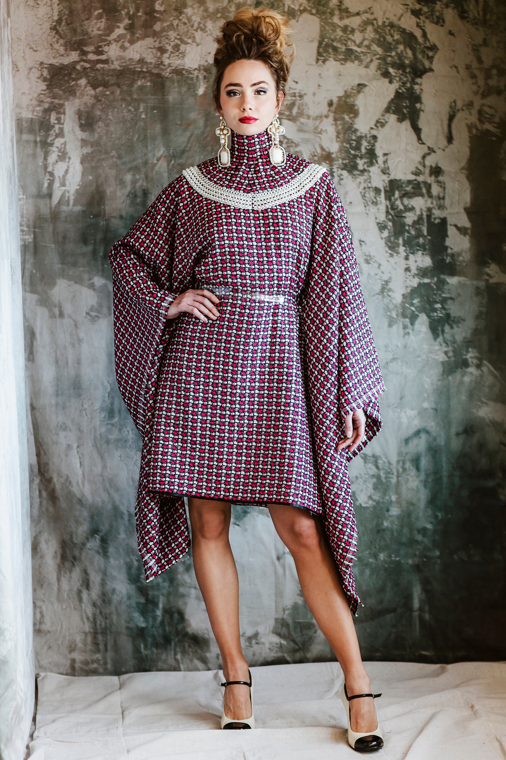 Cessart Tweed Poncho One-off, Designer, Wool, Winter, Pink, Black ...