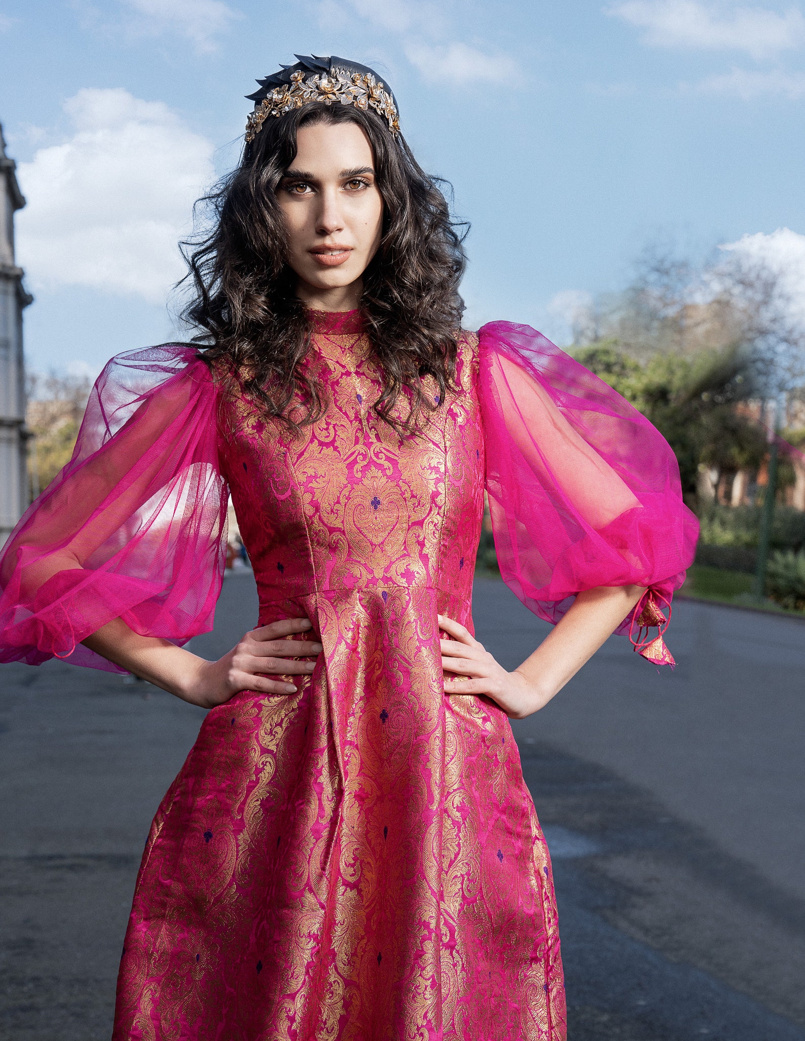Zahri Brocade Dress - Spring, Flowers, Floral, Pink, Fuchsia, A-line ...