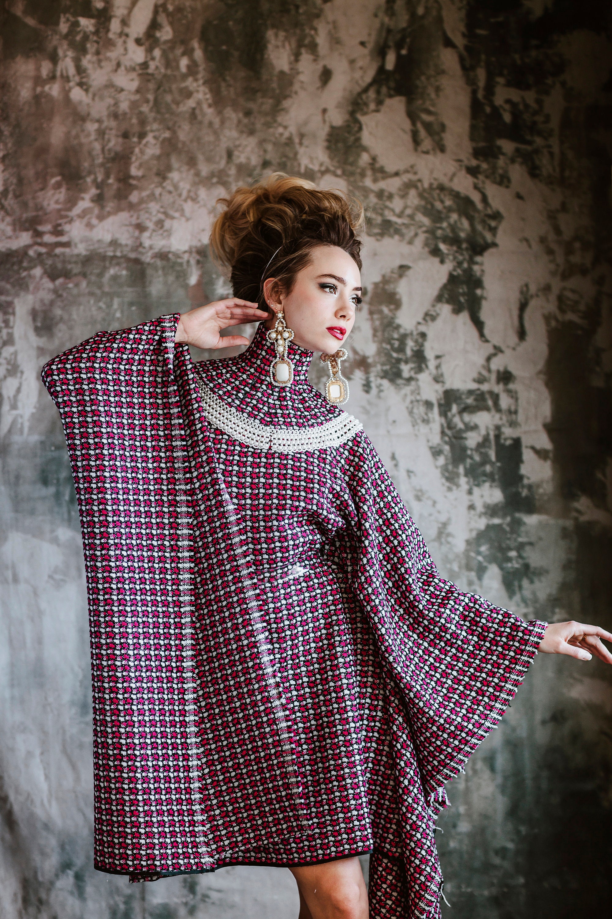 Cessart Tweed Poncho - One-off, Designer, Wool, Winter, Pink, Black ...