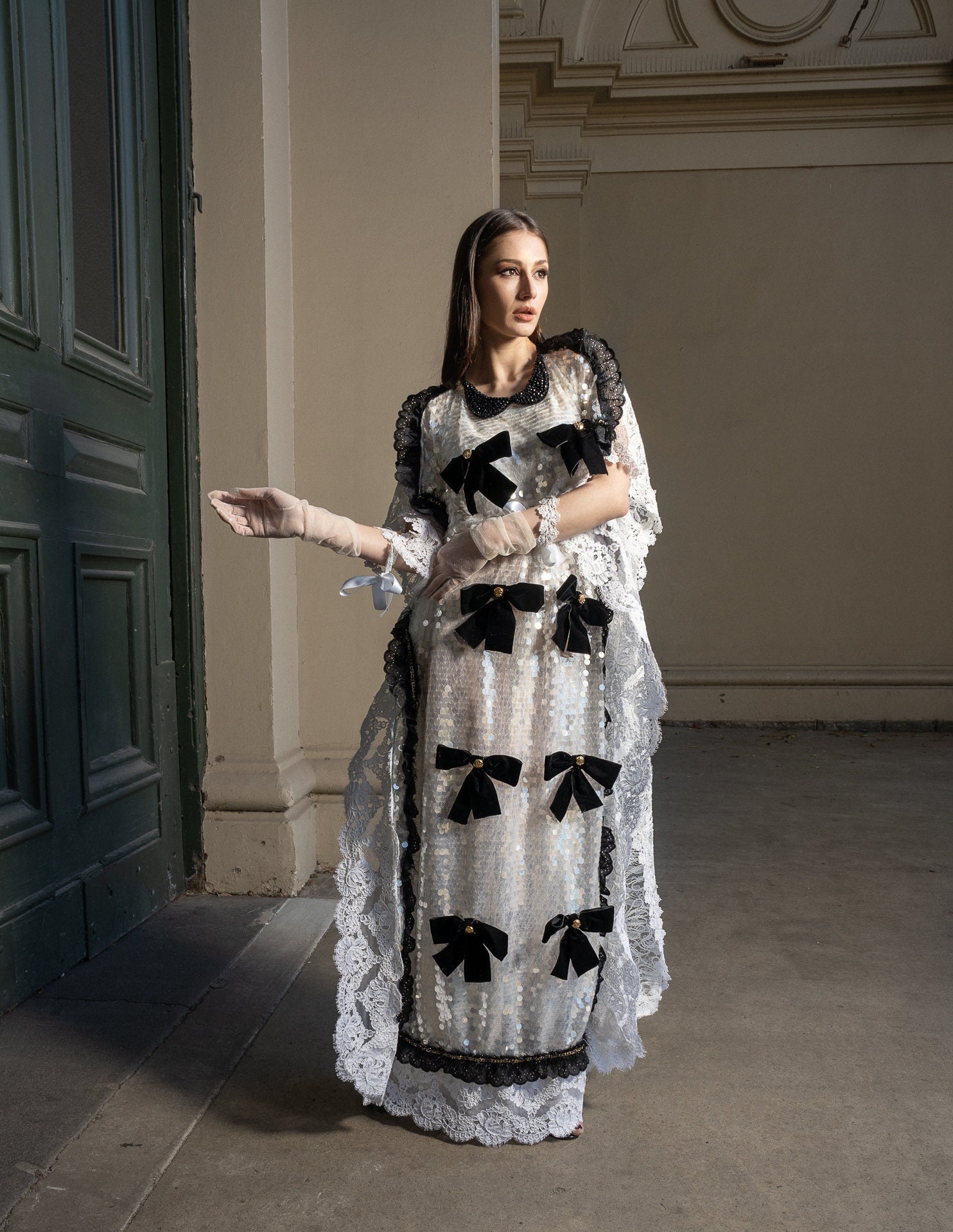 Souvigny Poncho - White, Black, Lace, Wedding, Bridal, French, Bow ...