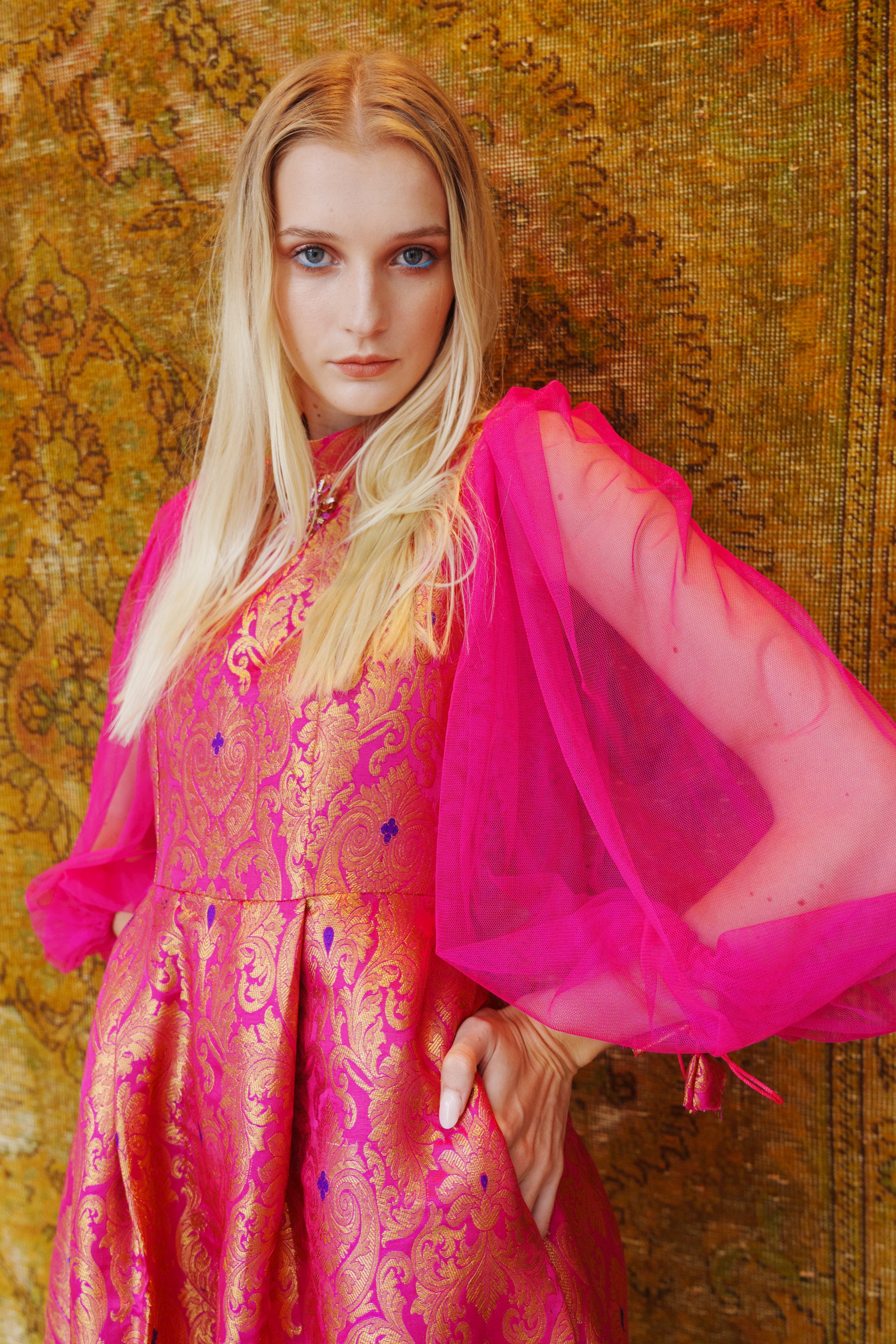 Zahri Brocade Dress - Spring, Flowers, Floral, Pink, Fuchsia, A-line ...