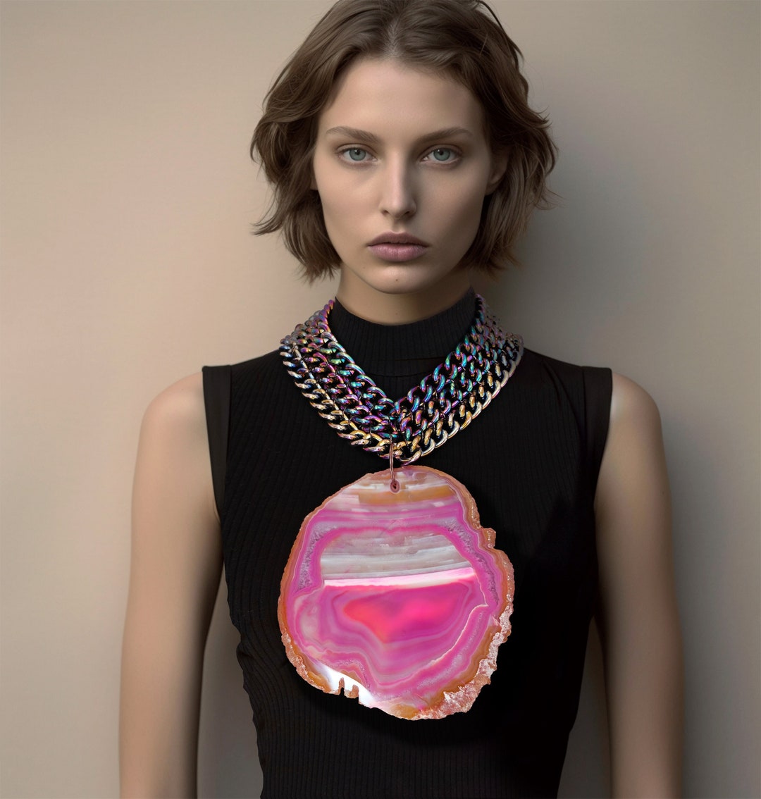 Rhea Agate Pendant Necklace: Crystal, Pink, Ombre, Exclusive, Chunky ...