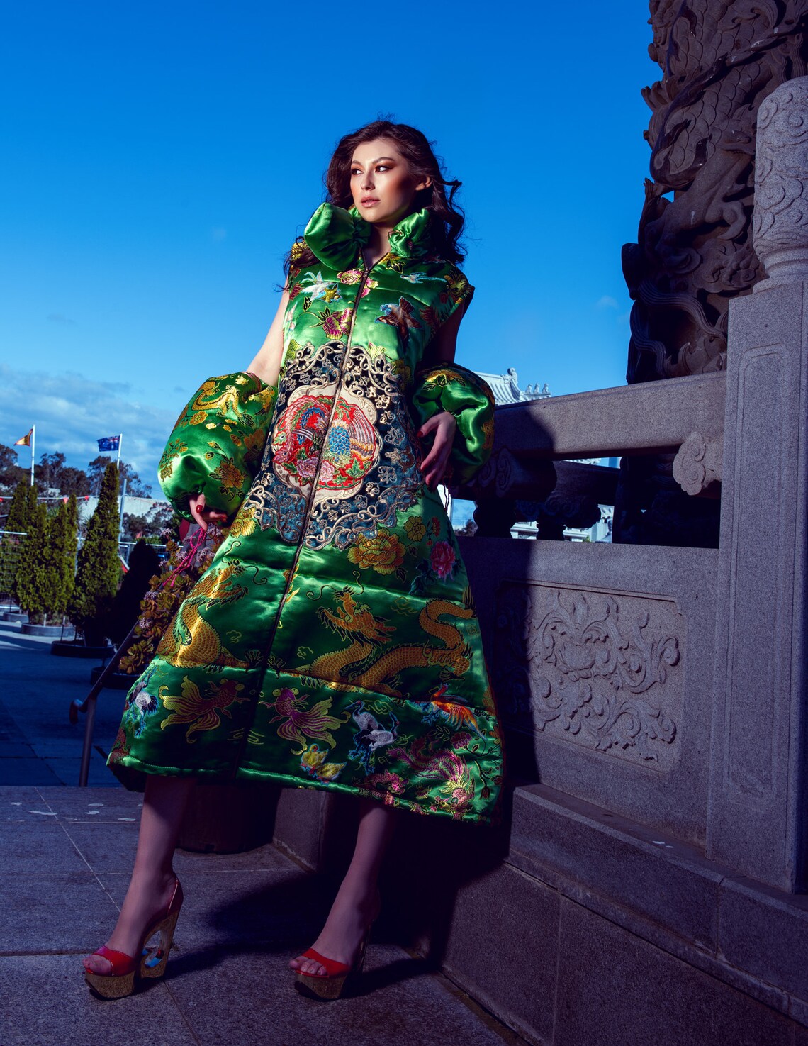 Tongli Puffer Jacket - Green, Silk, Satin, Applique, Dragon, Oriental ...