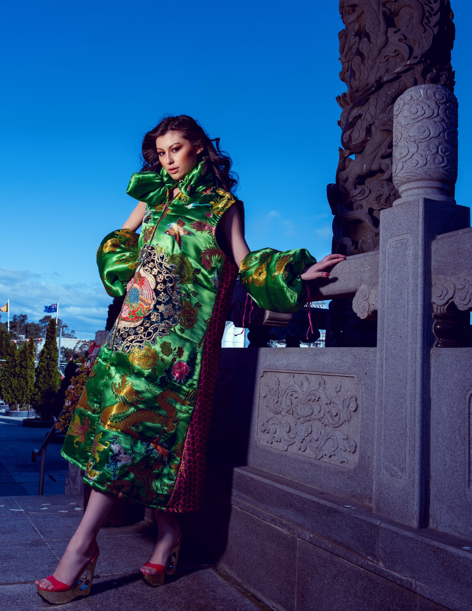 Tongli Puffer Jacket - Green, Silk, Satin, Applique, Dragon, Oriental ...