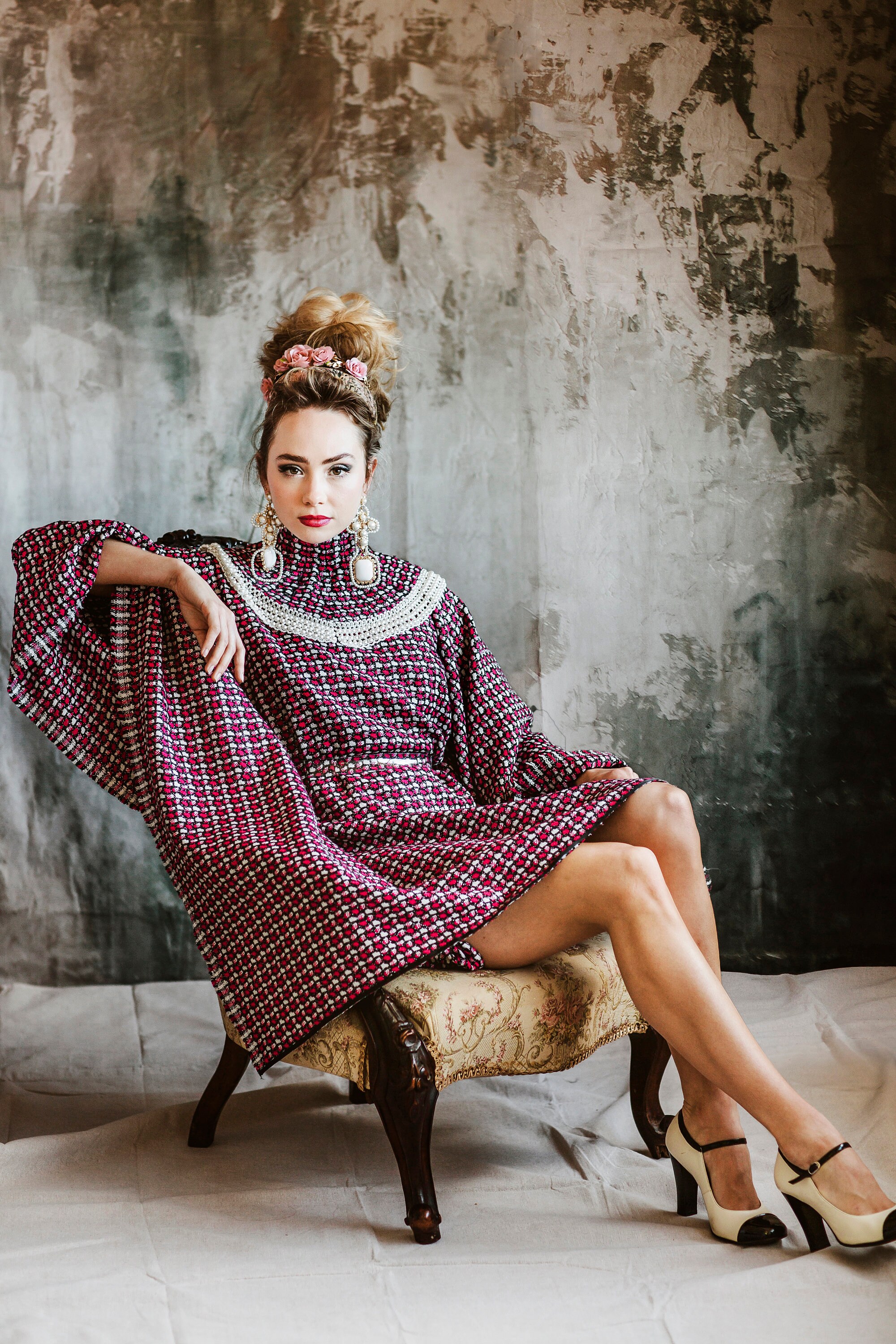 Cessart Tweed Poncho One-off, Designer, Wool, Winter, Pink, Black ...