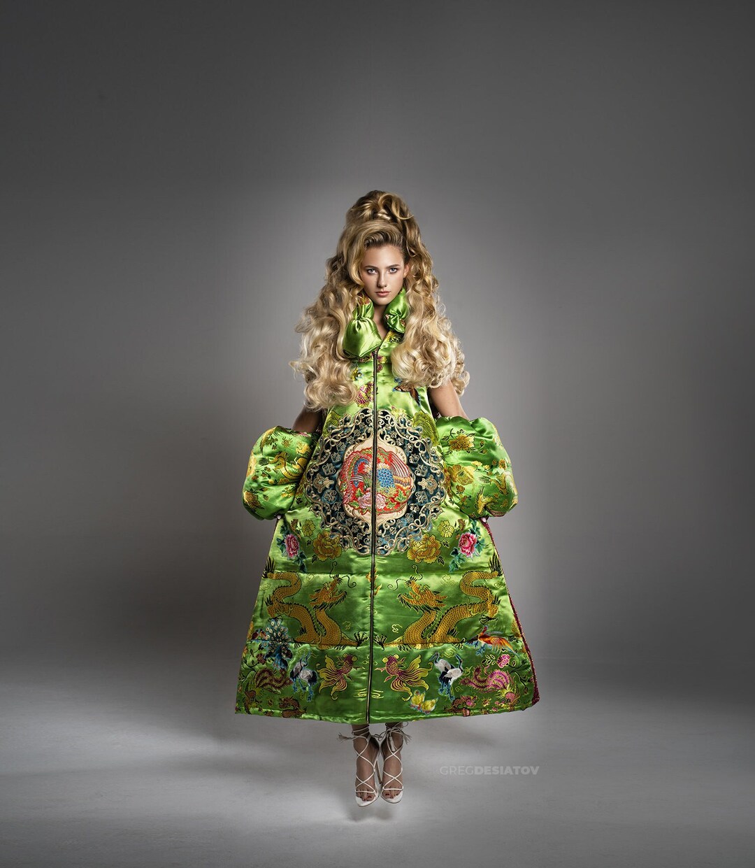 Tongli Puffer Jacket - Green, Silk, Satin, Applique, Dragon, Oriental ...