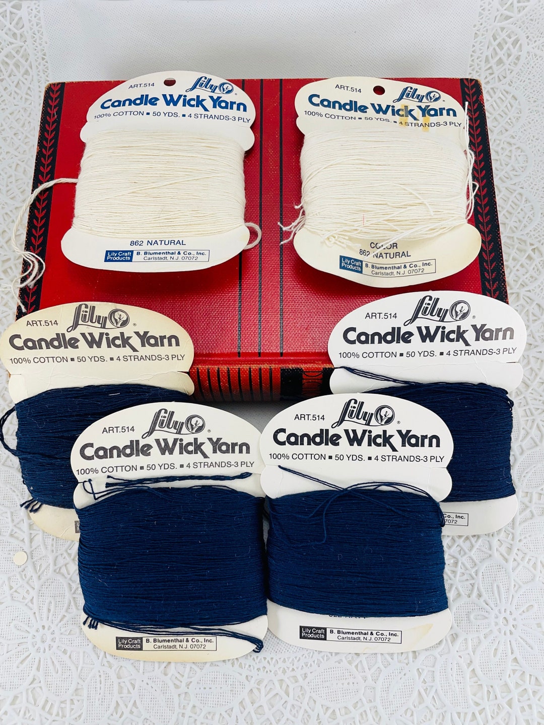 6 Skeins of Vintage Candle Wick Yarn by Lily, 4 Are Navy Blue 522 and 2 ...