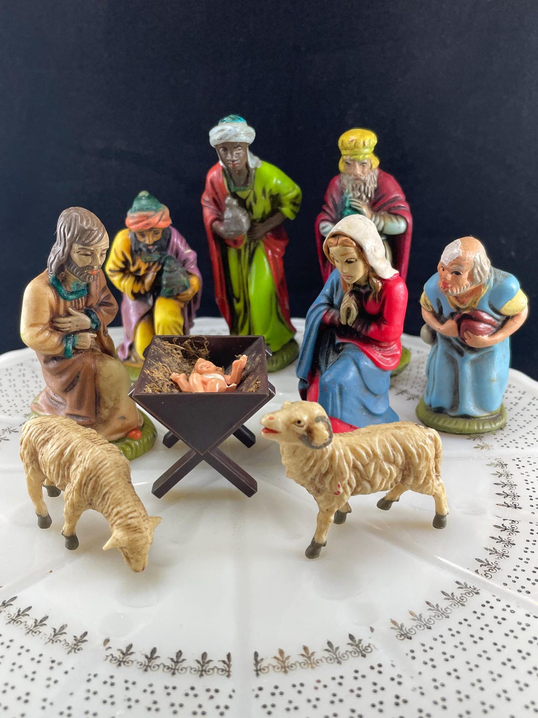 Vintage German 10 Pc Nativity Set, Molded Rubber, Hand Painted, Made in ...