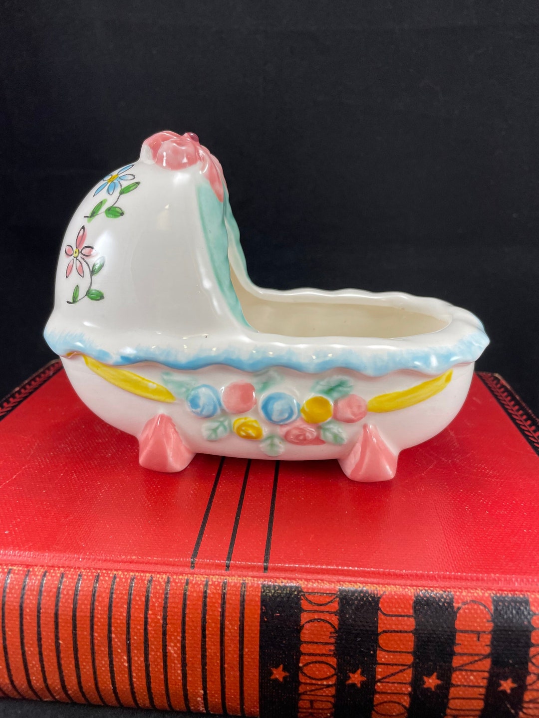 Vintage Ceramic Baby Cradle Planter, Trimont Ware, White With Blue ...