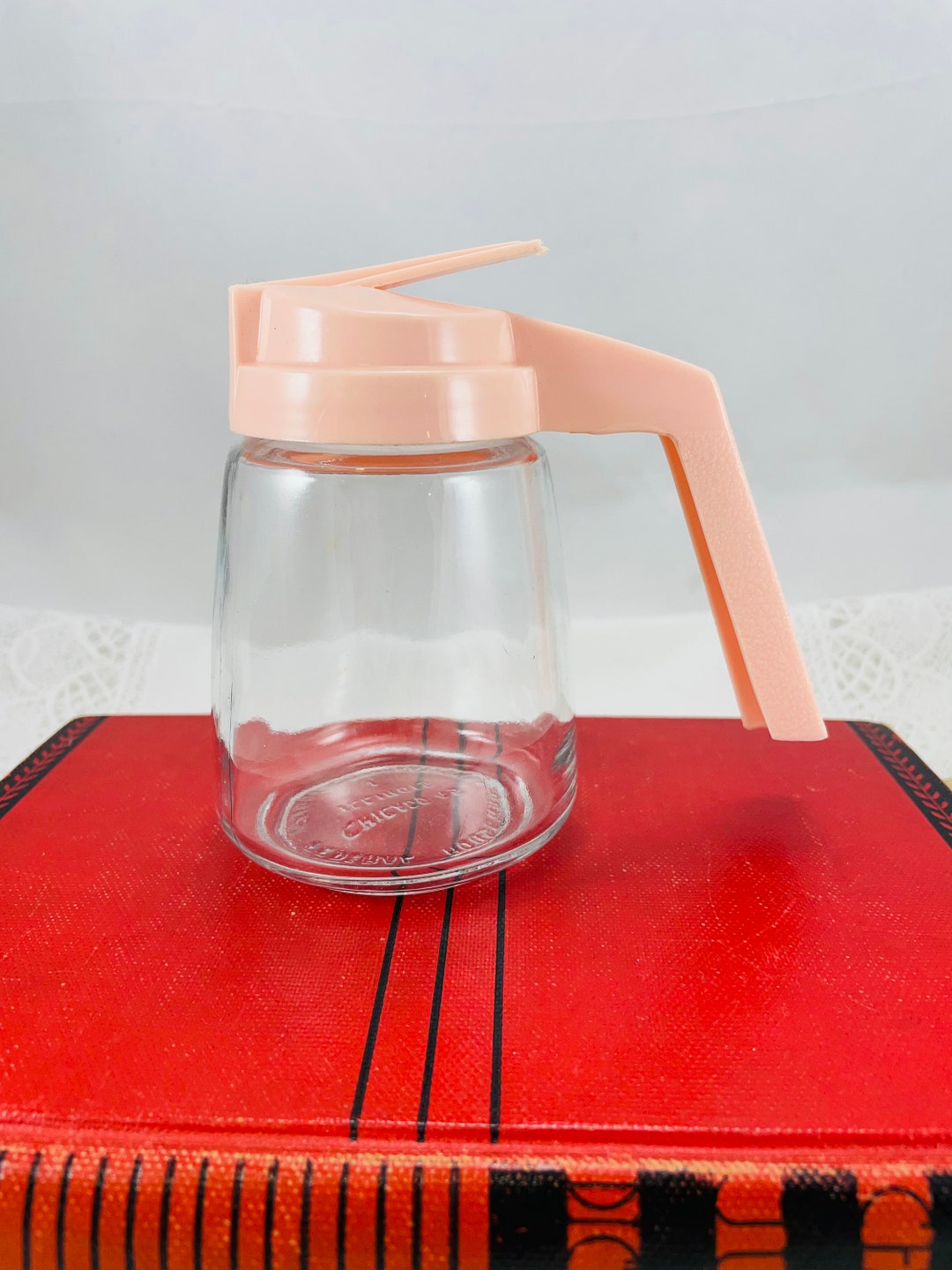 Vintage Clear Glass Syrup Dispenser With Pink Plastic Top, Mid Century ...