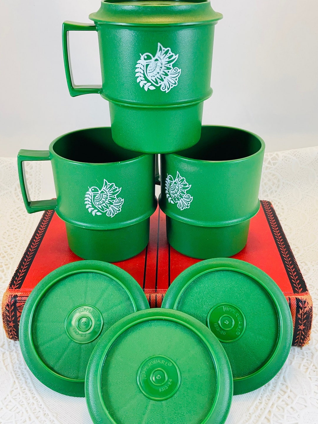 Set of 3 Vintage Tupperware Dark Green Mugs With Lids/coasters, White ...