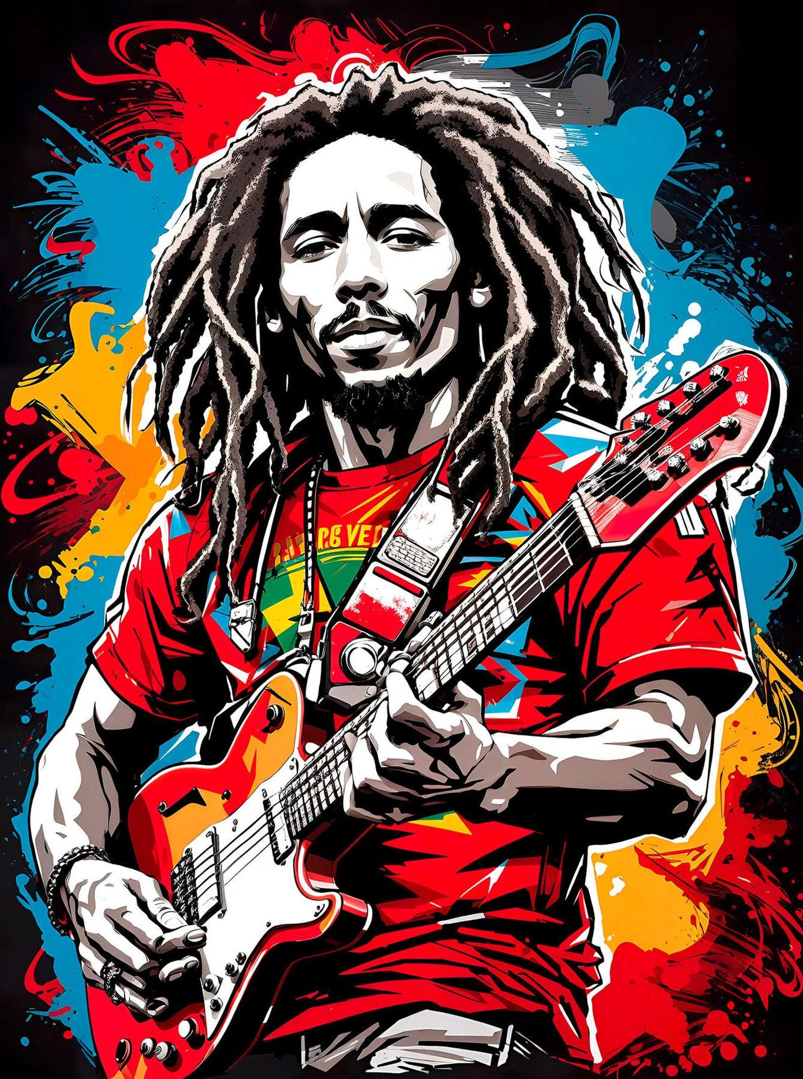 Bob Marley Colorful Wall Art Bob Marley Playing the Guitar Bob Marley ...