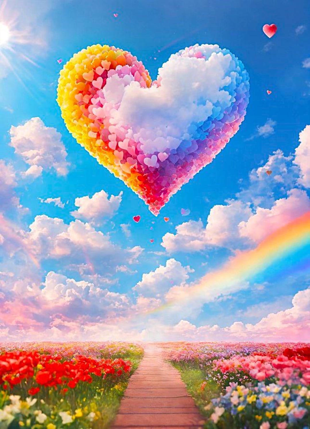 Watercolor Rainbow Heart Shaped Cloud Meadow of Blooming Flowers - Etsy