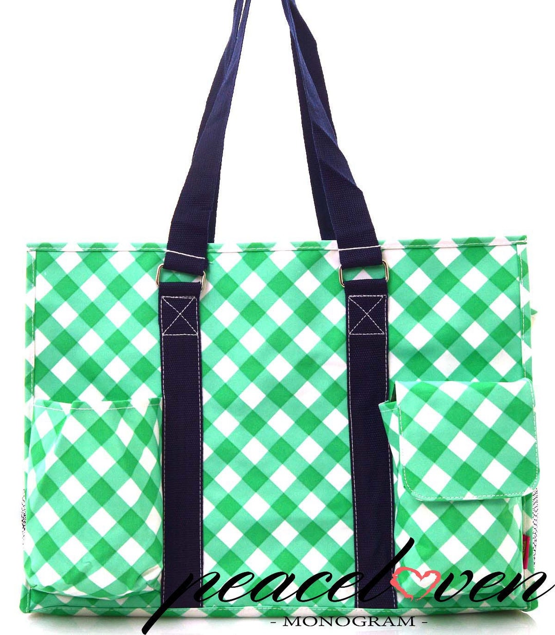 Monogrammed Checkered Print Medium Size Utility Tote CHE733 Mint(navy ...