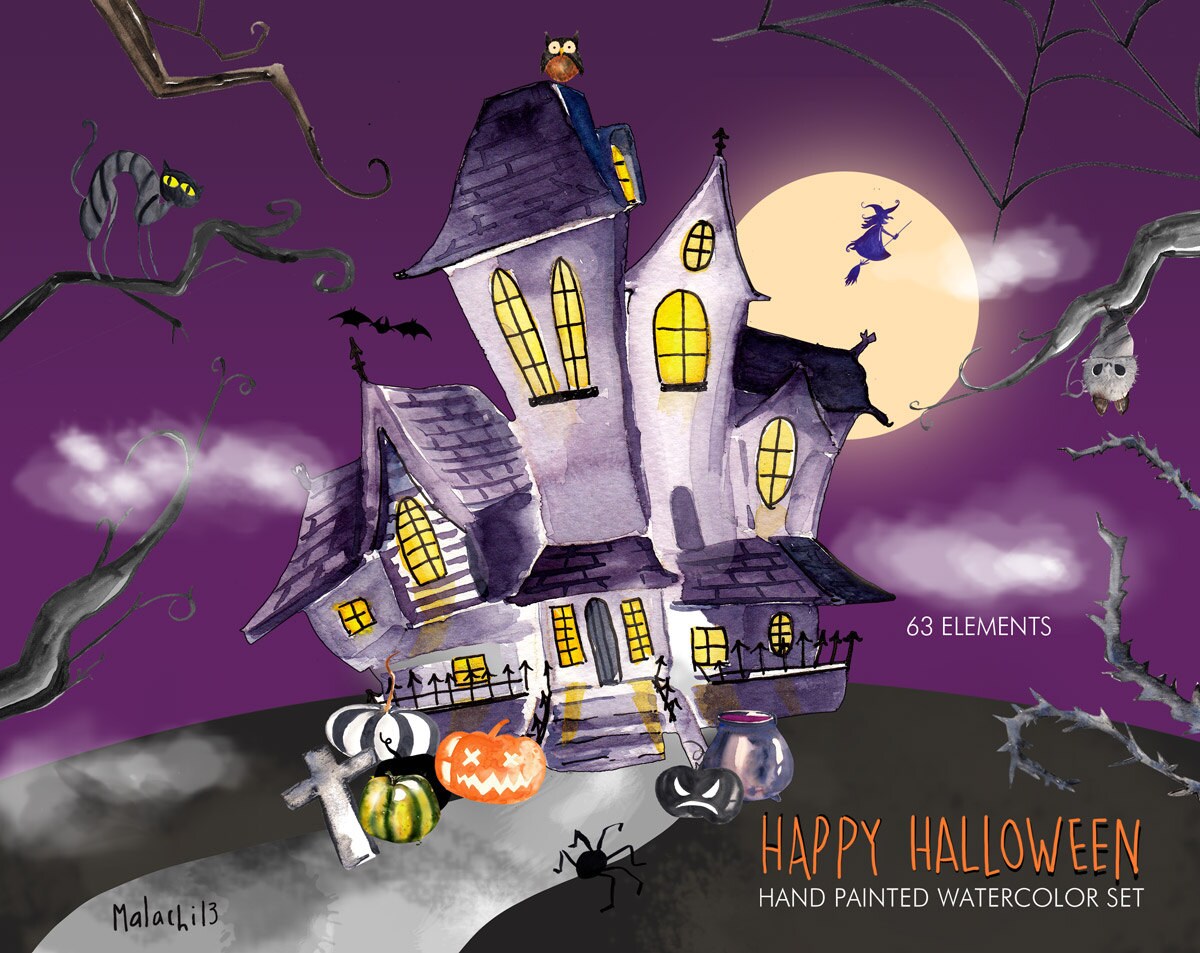 Halloween Watercolor Set | Haunted House, Witches Hats, Bats ...