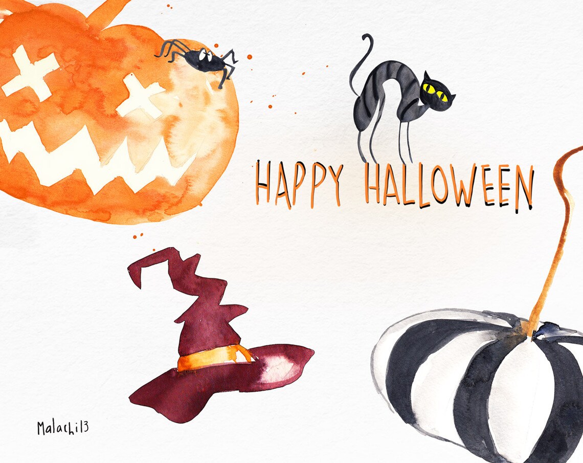 Halloween Watercolor Set | Haunted House, Witches Hats, Bats ...
