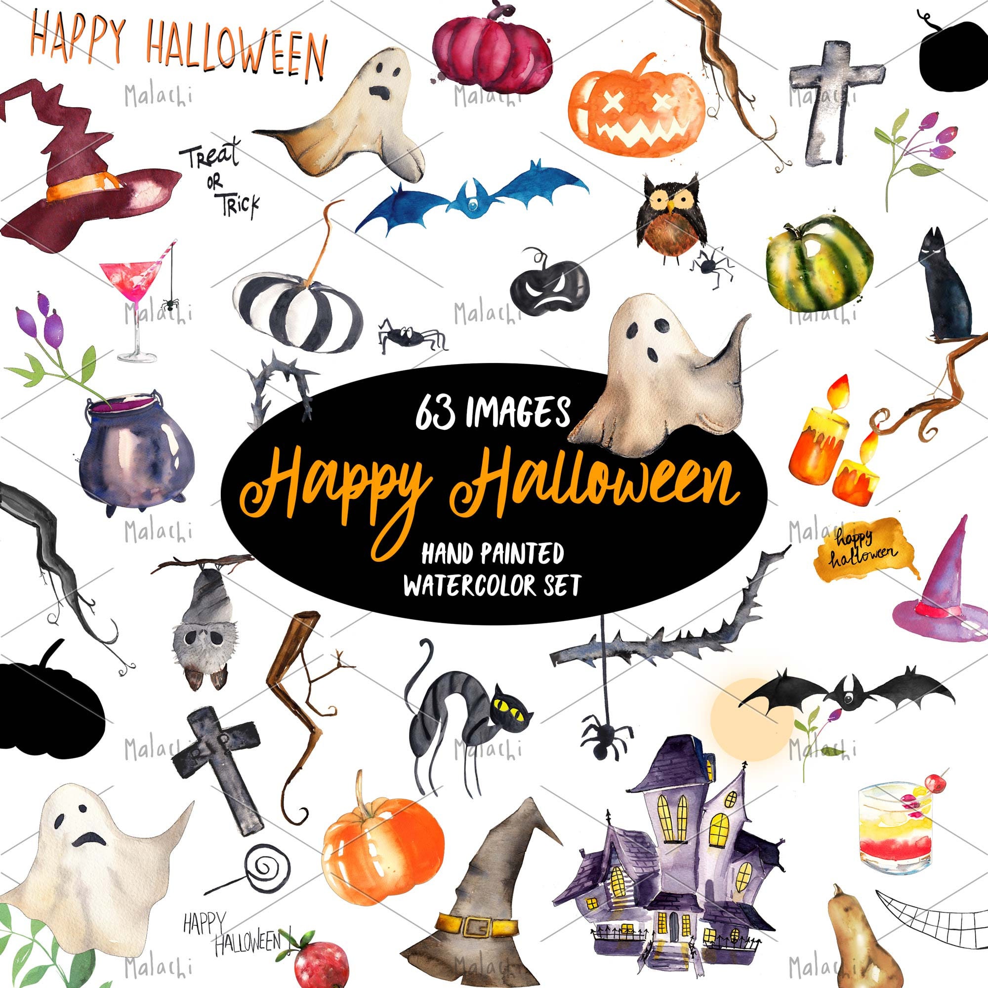 Halloween Watercolor Set | Haunted House, Witches Hats, Bats ...