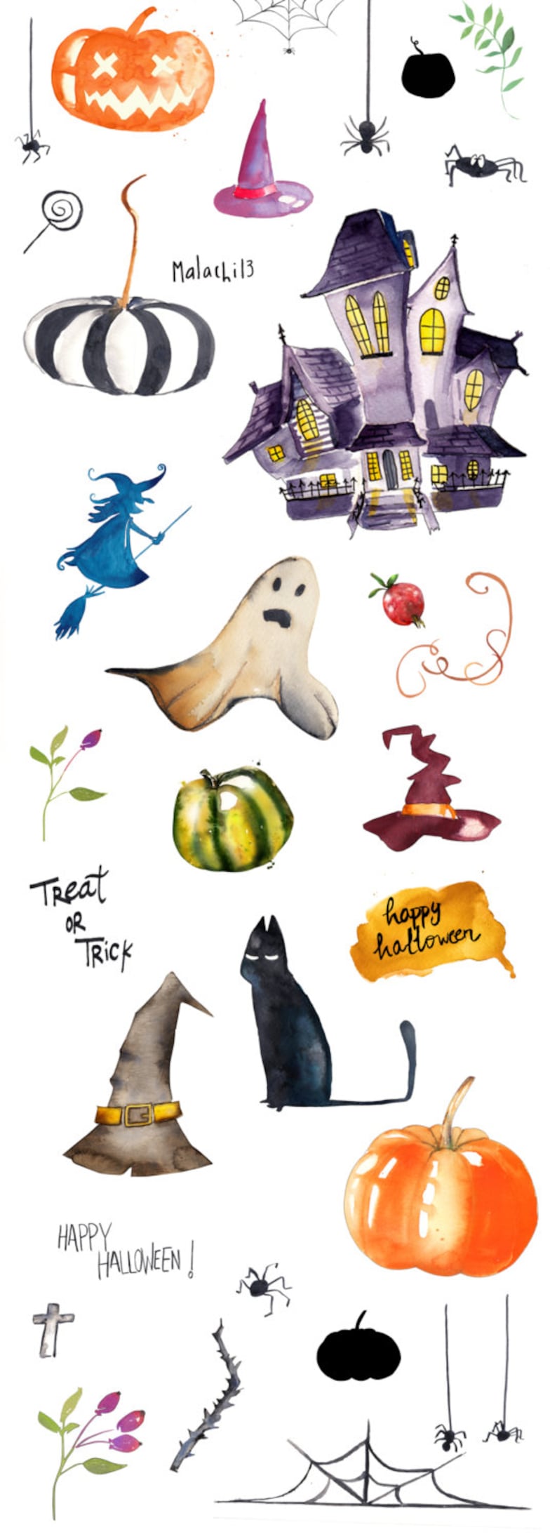 Halloween Watercolor Set | Haunted House, Witches Hats, Bats ...