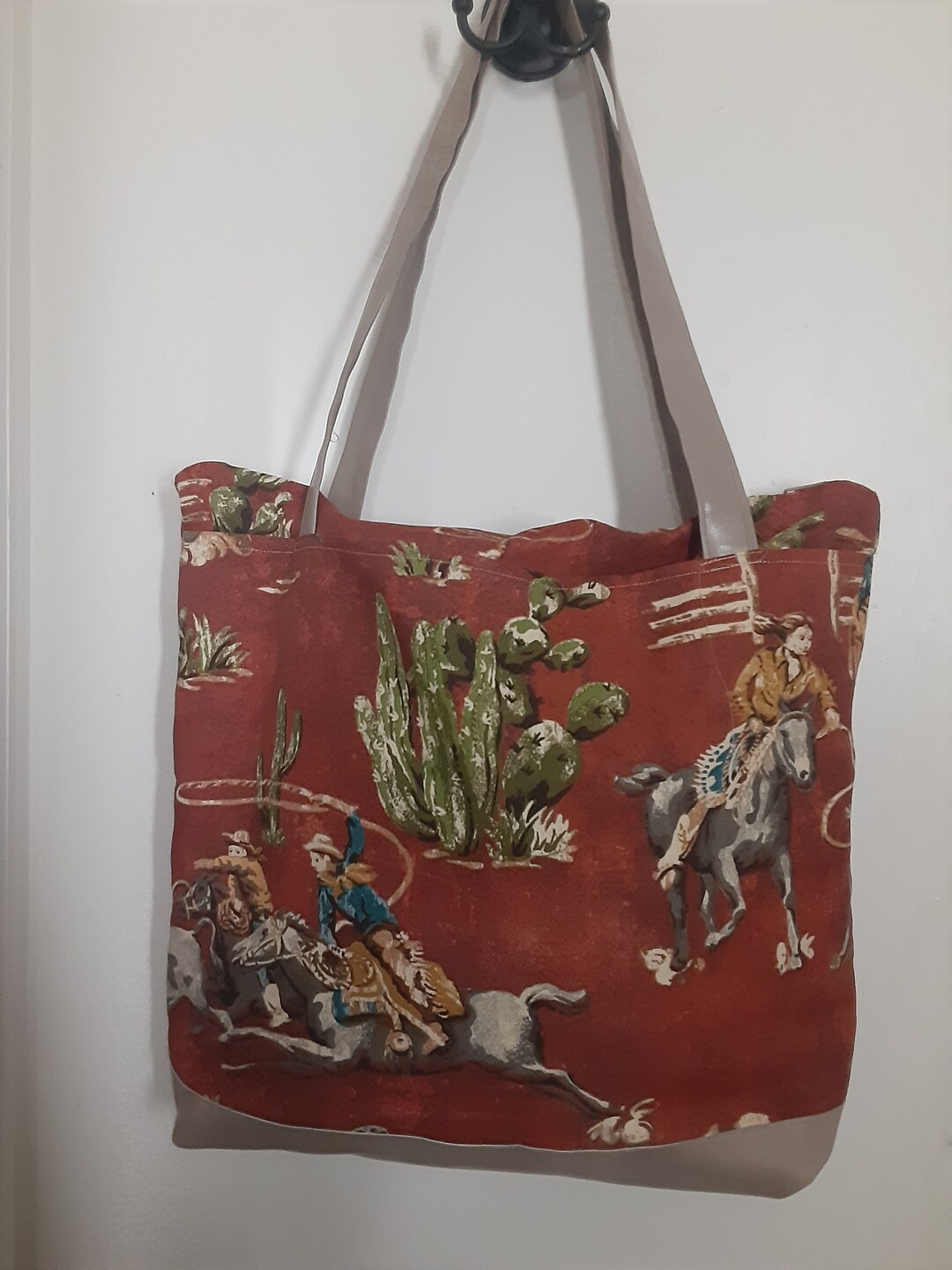 Red Western Cotton Canvas Tote Bag With Cowboy & Cowgirl/weekender Tote ...