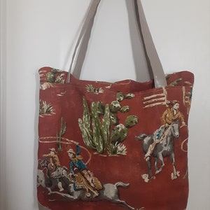 Red Western Cotton Canvas Tote Bag With Cowboy & Cowgirl/weekender Tote ...