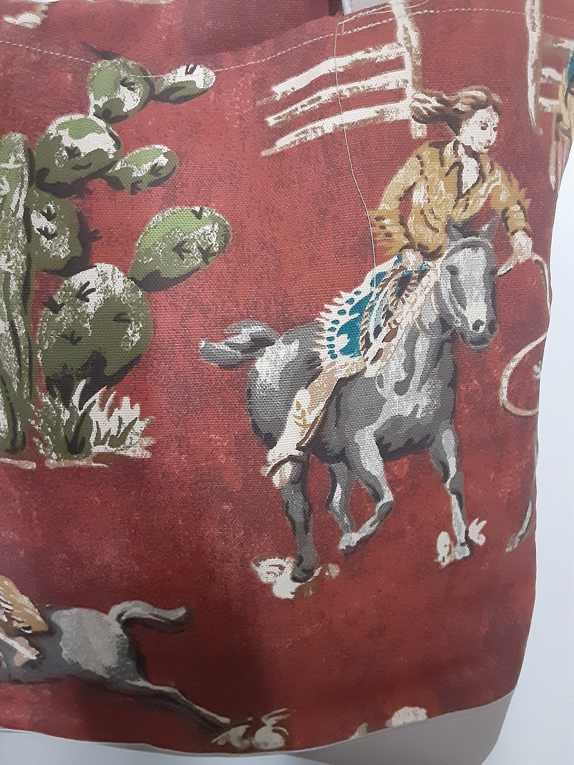 Red Western Cotton Canvas Tote Bag With Cowboy & Cowgirl/weekender Tote ...