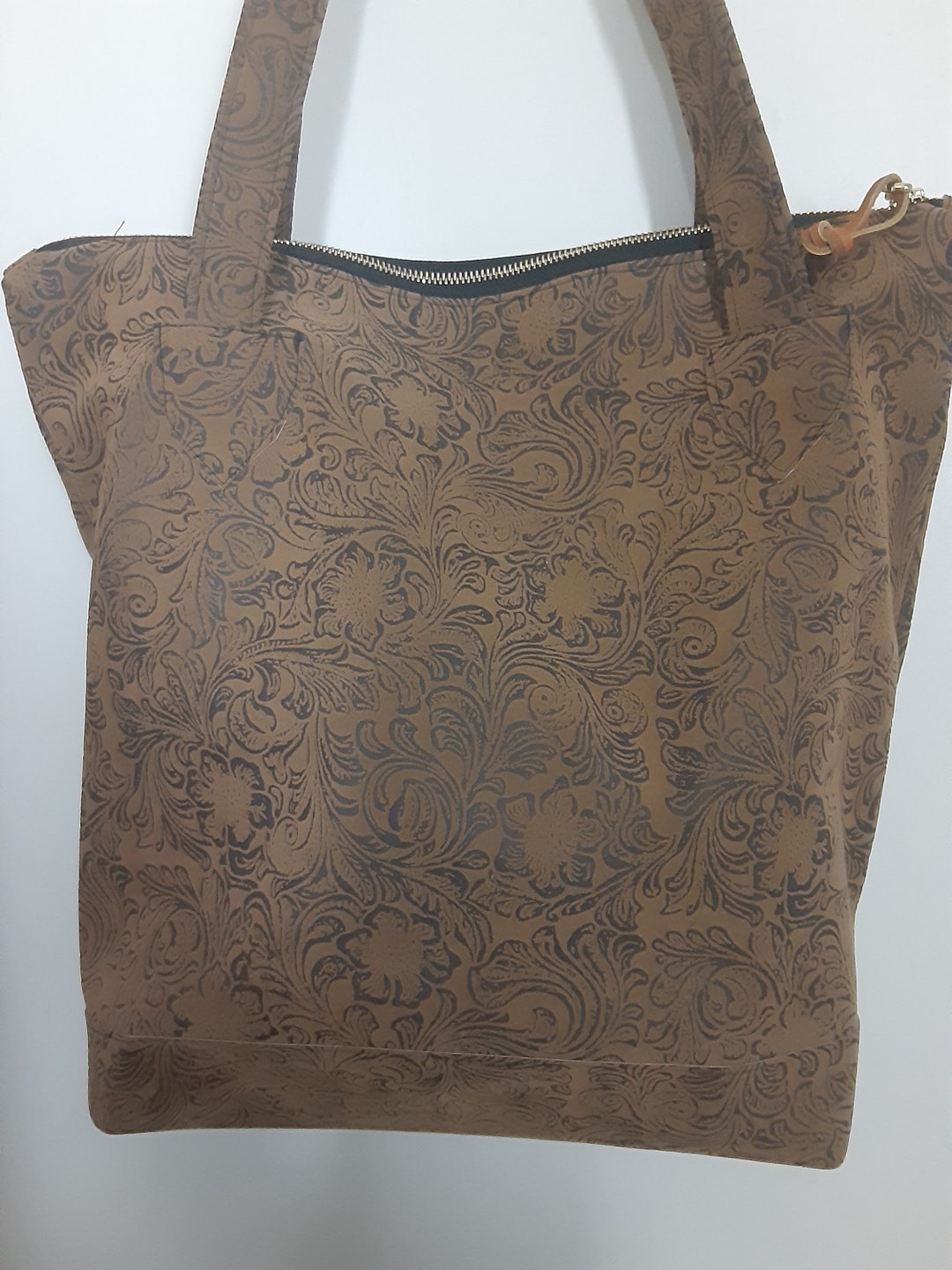Brown Suede Embossed Tote Bag With Zipper/faux Suede Tote/essential Bag ...